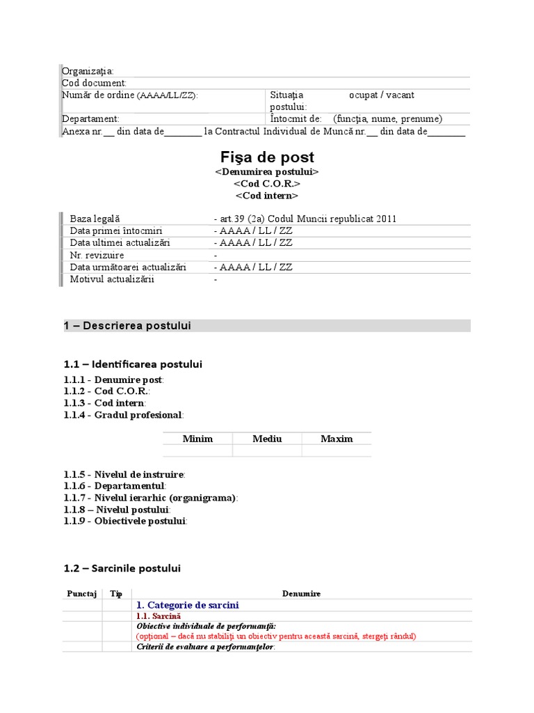 Fisa Postului - Model Cadru