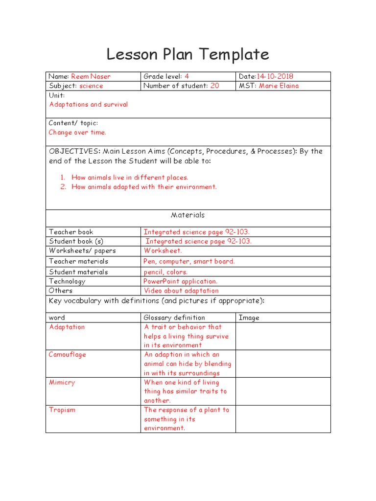 Adaptations and Survival Lesson Plan | PDF | Adaptation | Vocabulary
