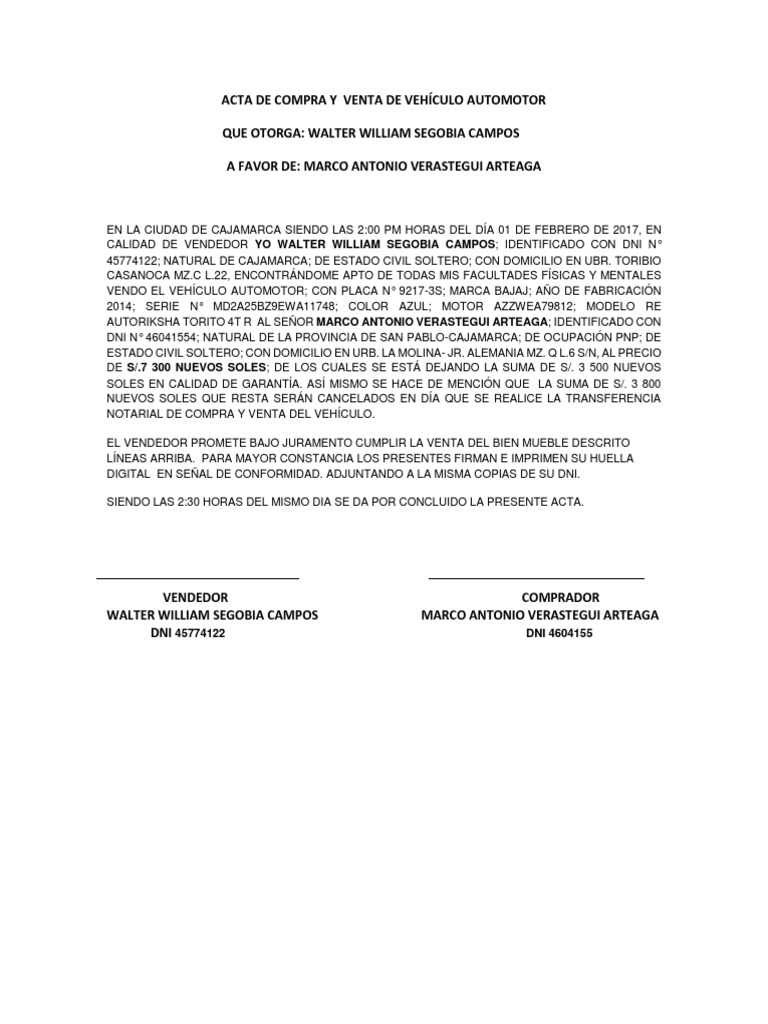 Acta de Compra y Venta de Vehículo Automotor | PDF