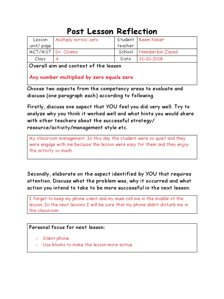 Post Lesson Reflection: Any Number Multiplied by Zero Equals Zero | PDF