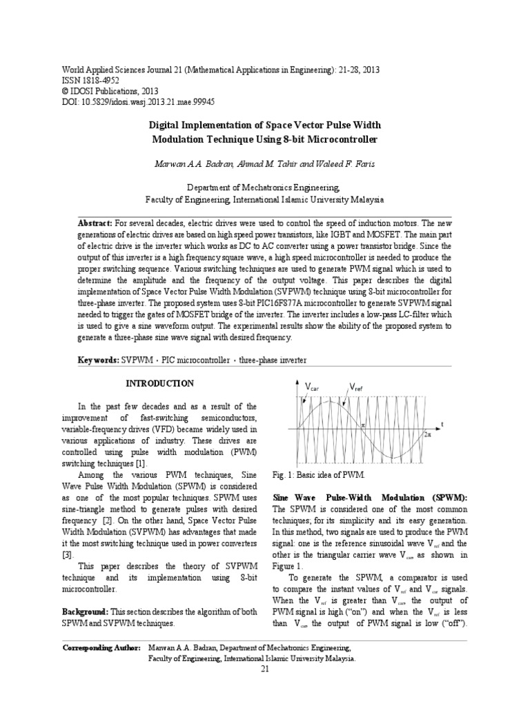 Digital Implementation of Space Vector Pulse Width Modulation Technique Using 8-Bit ...