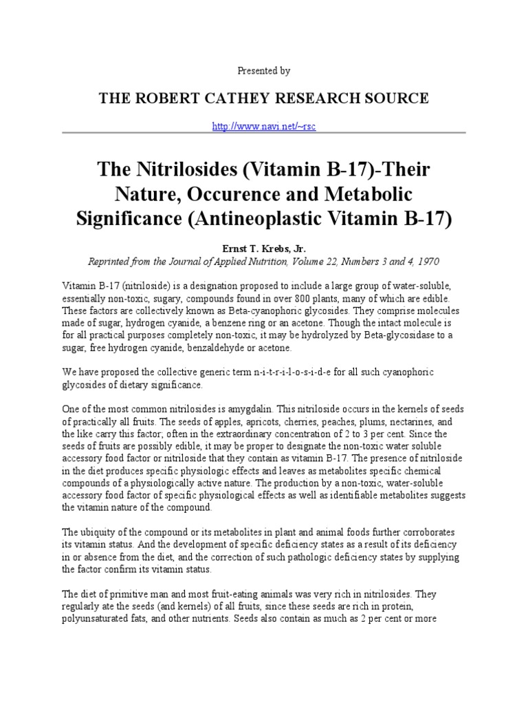 The Nitrilosides (Vitamin B-17) - Their Nature, Occurence and Metabolic ...