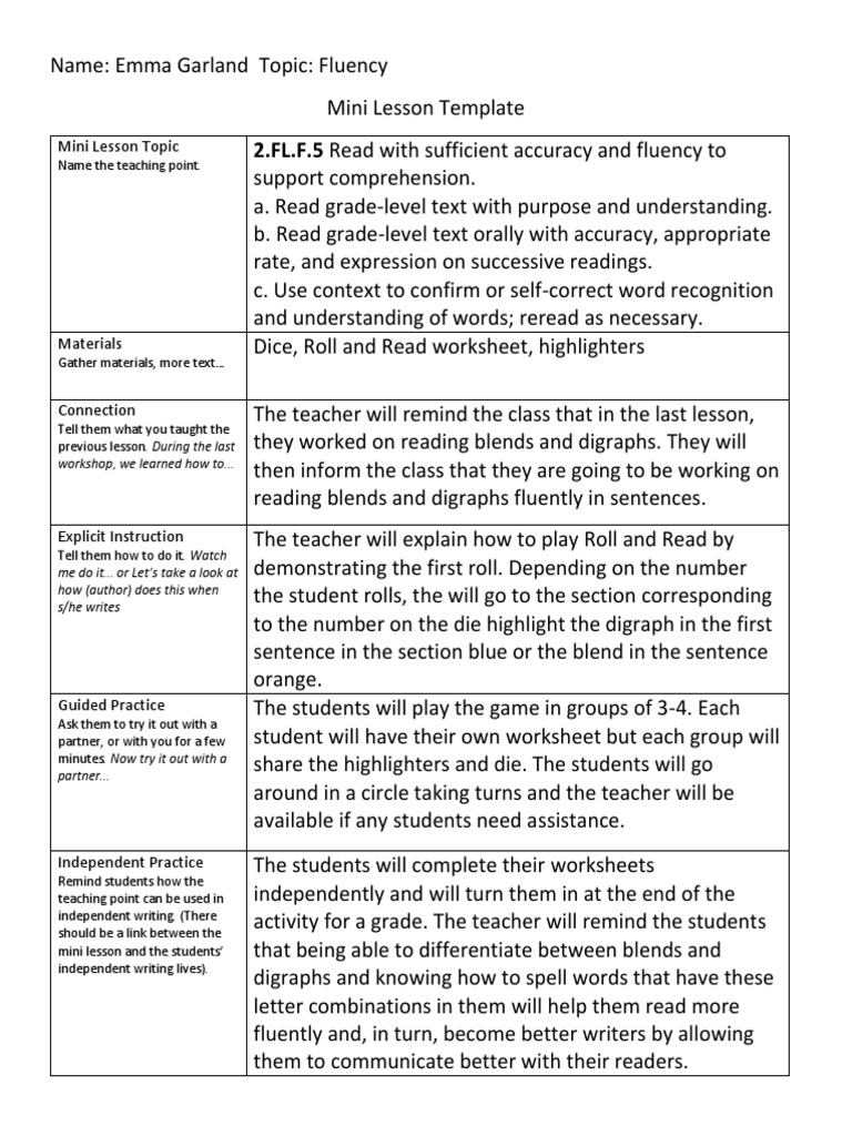 Fluency Mini Lesson | PDF | Fluency | Reading Comprehension