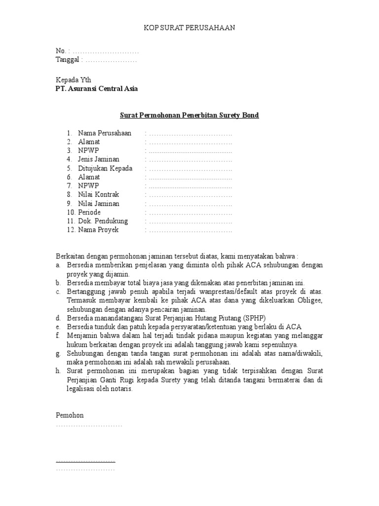 (Form 1) Surat Permohonan Penerbitan Surety Bond | PDF