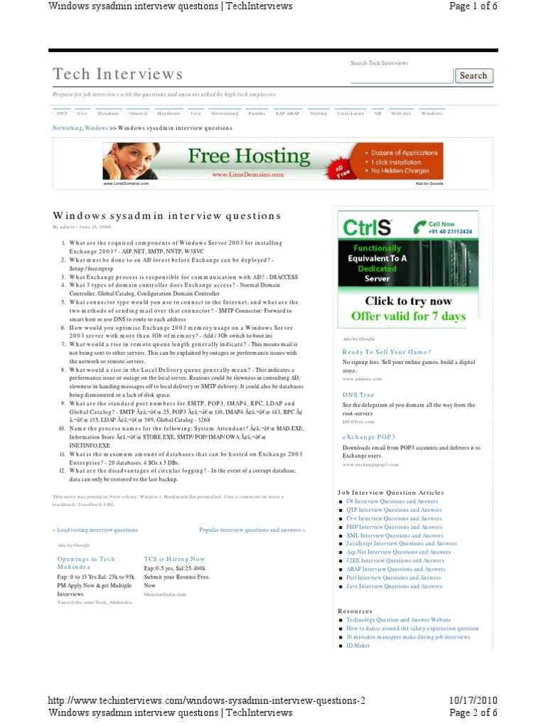 Windows Sysadmin Interview Questi | PDF | Microsoft Outlook | Active ...