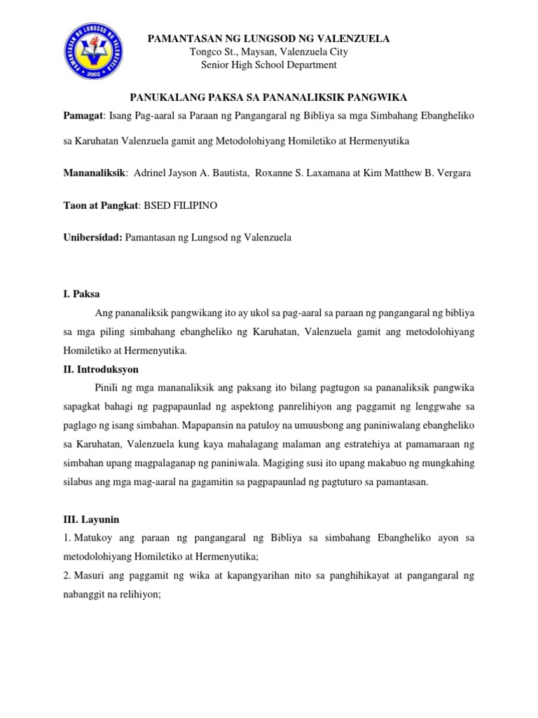 Halimbawa NG Panukalang Paksa Sa Pananaliksik Pangwika CORE3 PLV | PDF