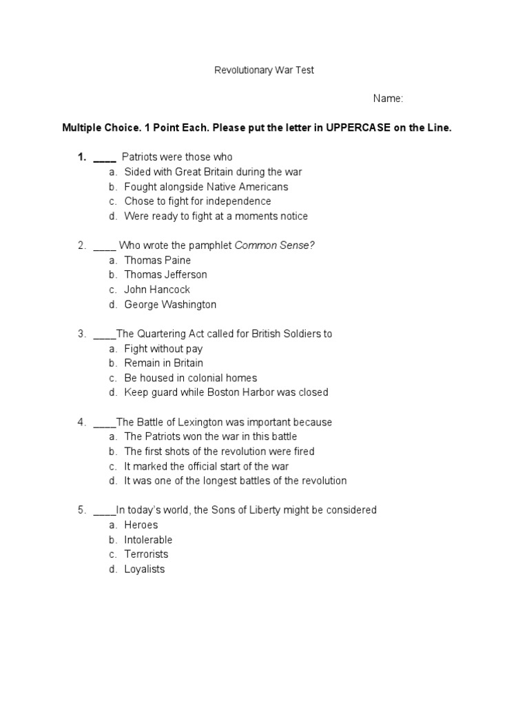 Revolutionary War Test | PDF | American Revolution | American ...