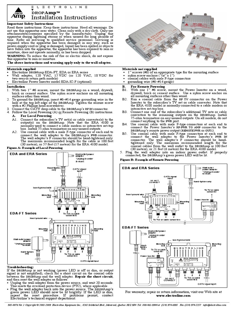 Electroline DROPAmp Installation Instructions | PDF | Electrical Connector | Electronic Engineering