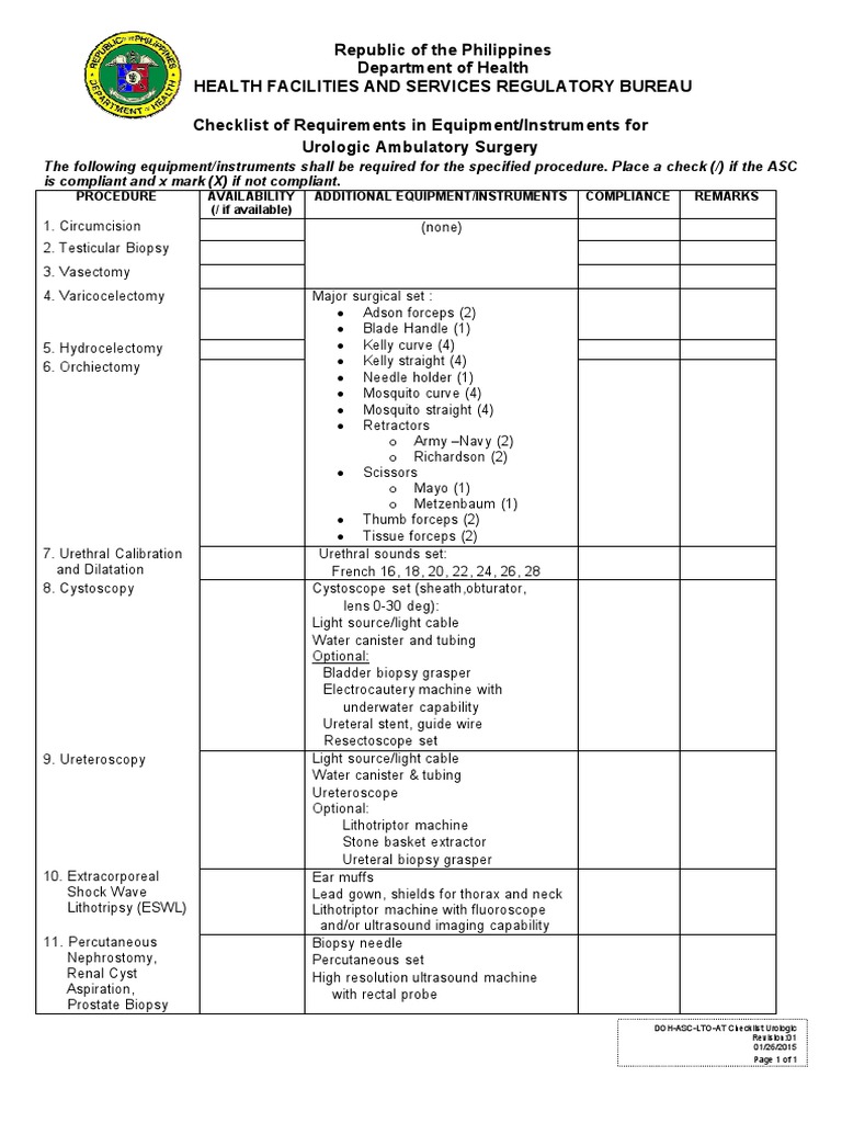 DOH ASC LTO at Checklist Urologic 1262015rev1 | PDF | Medical Procedures | Medical Treatments