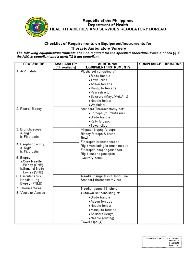 DOH ASC LTO at Checklist Thoracic 1262015rev1 | PDF | Medical ...