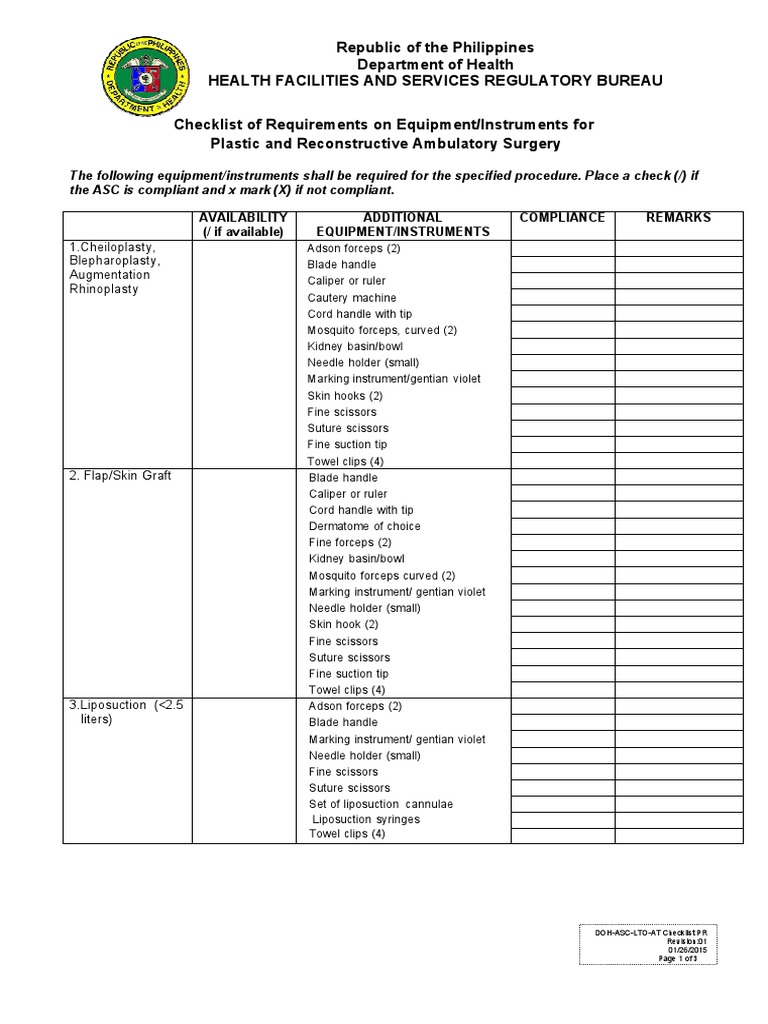 DOH Equipment Checklist for ASC | PDF | Surgical Suture | Medical ...