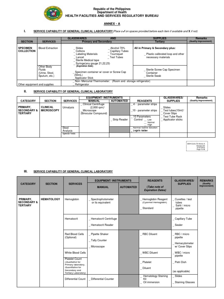 DOH Clinical Laboratory Service Capabilities | PDF | Blood Cell | Red ...