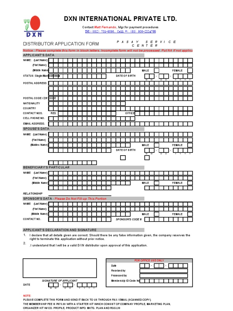 DXN Distributor Application Form | PDF | Leisure