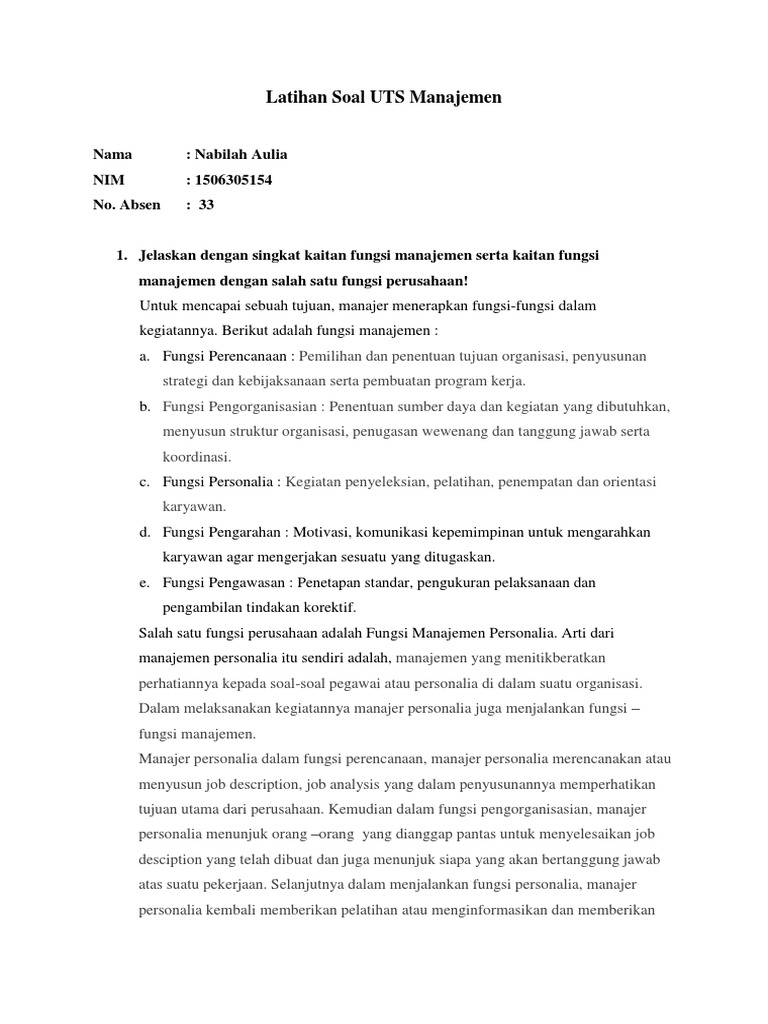 Latihan Soal UTS Manajemen | PDF | Karier & Perkembangan | Bisnis