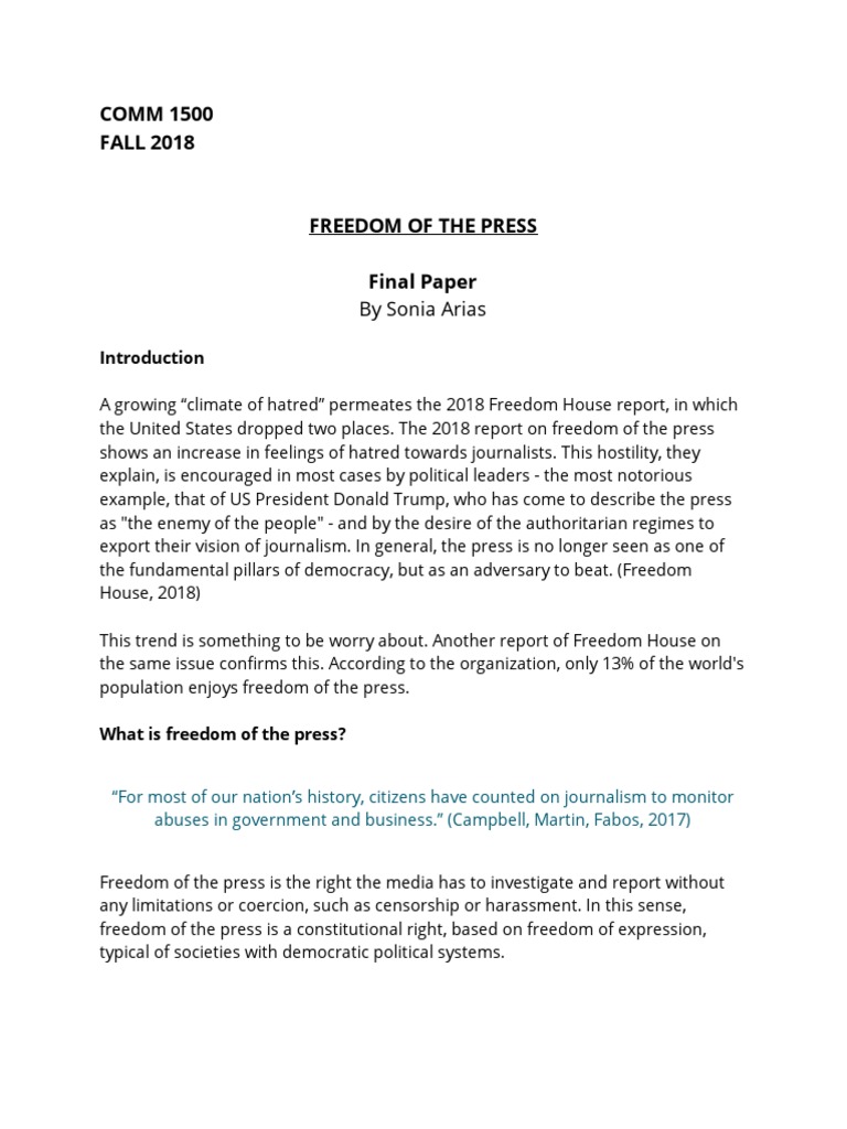 Comm 1500 Final Paper | PDF | Freedom Of The Press | Journalism