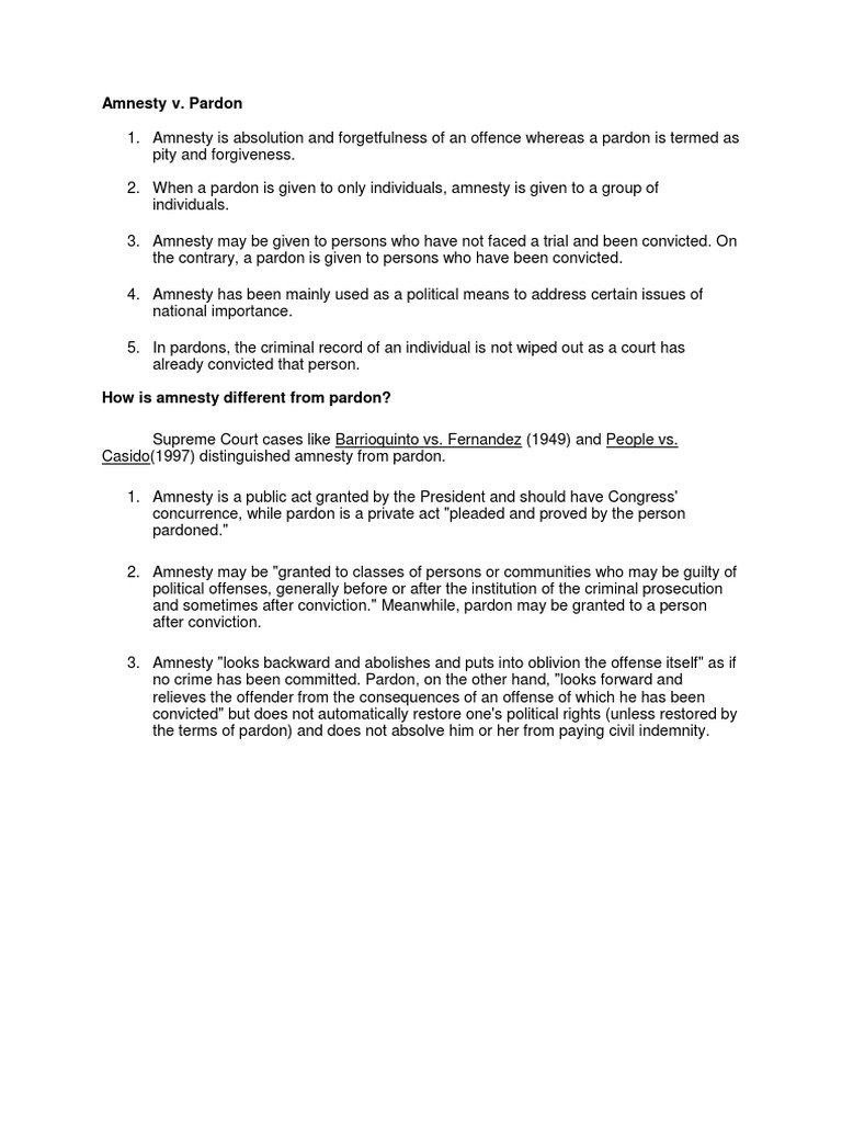 Defining the Difference: A Comparison of Amnesty and Pardon | PDF