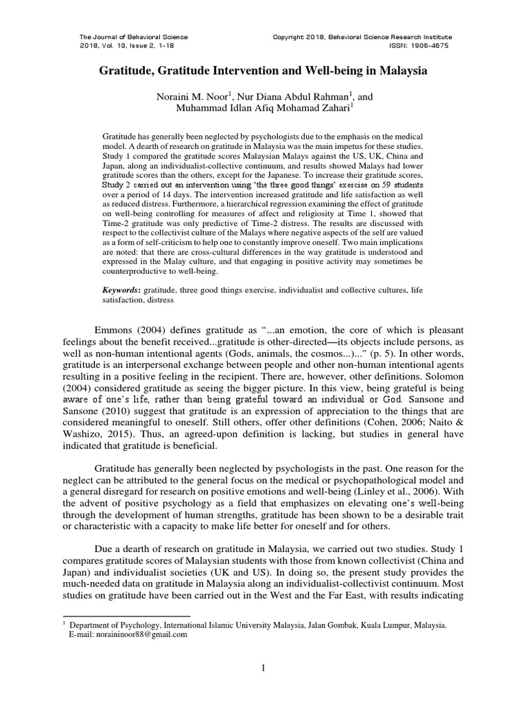 Gratitude, Gratitude Intervention and Well-Being in Malaysia | PDF ...