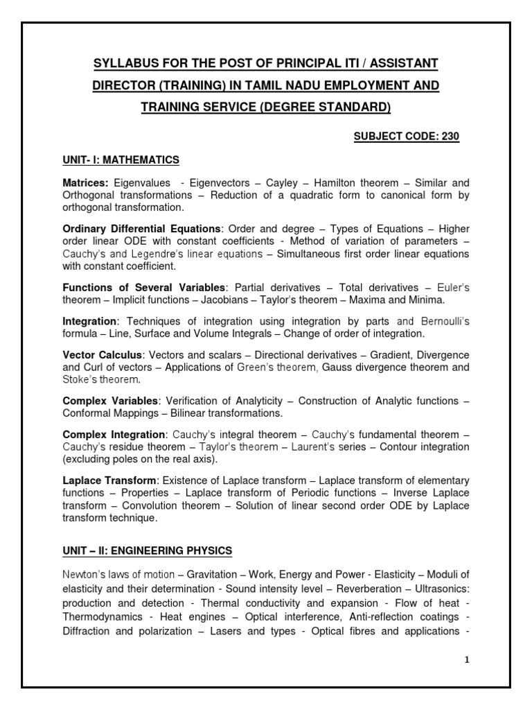 Syllabus For The Post of Principal Iti / Assistant Director (Training ...