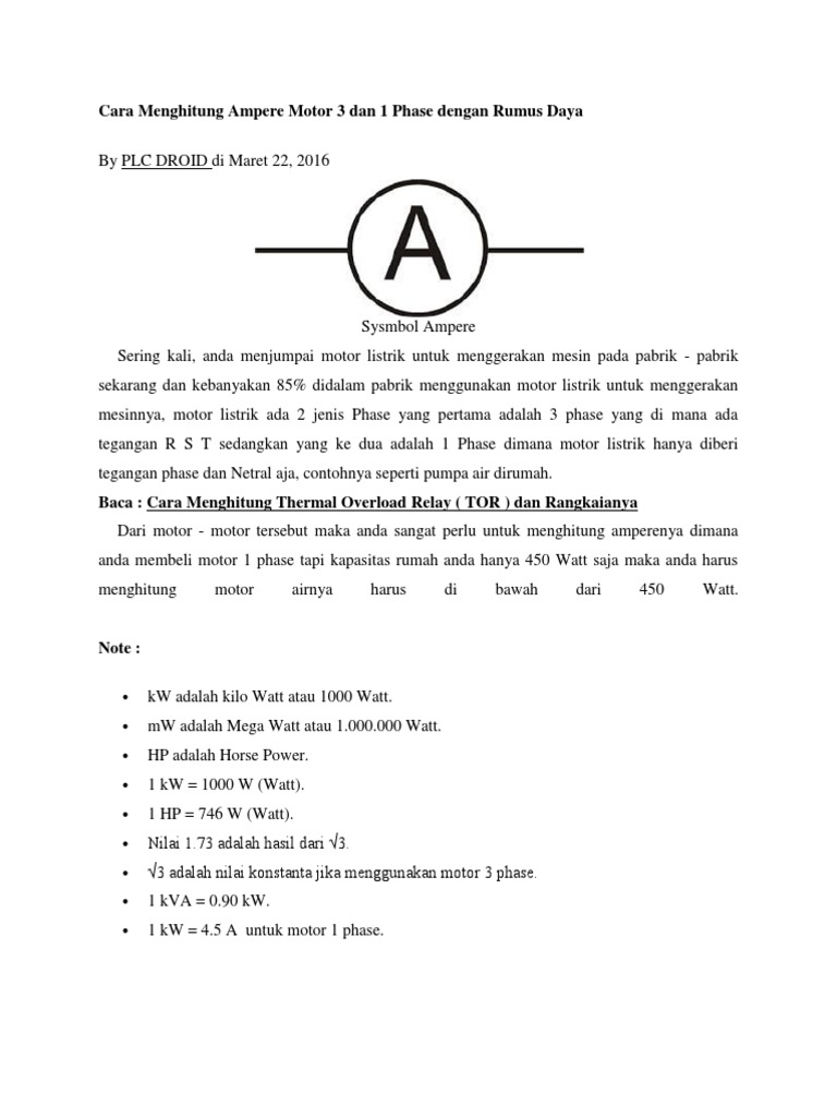 Cara Menghitung Ampere Motor 3 Dan 1 Phase Dengan Rumus Daya | PDF ...