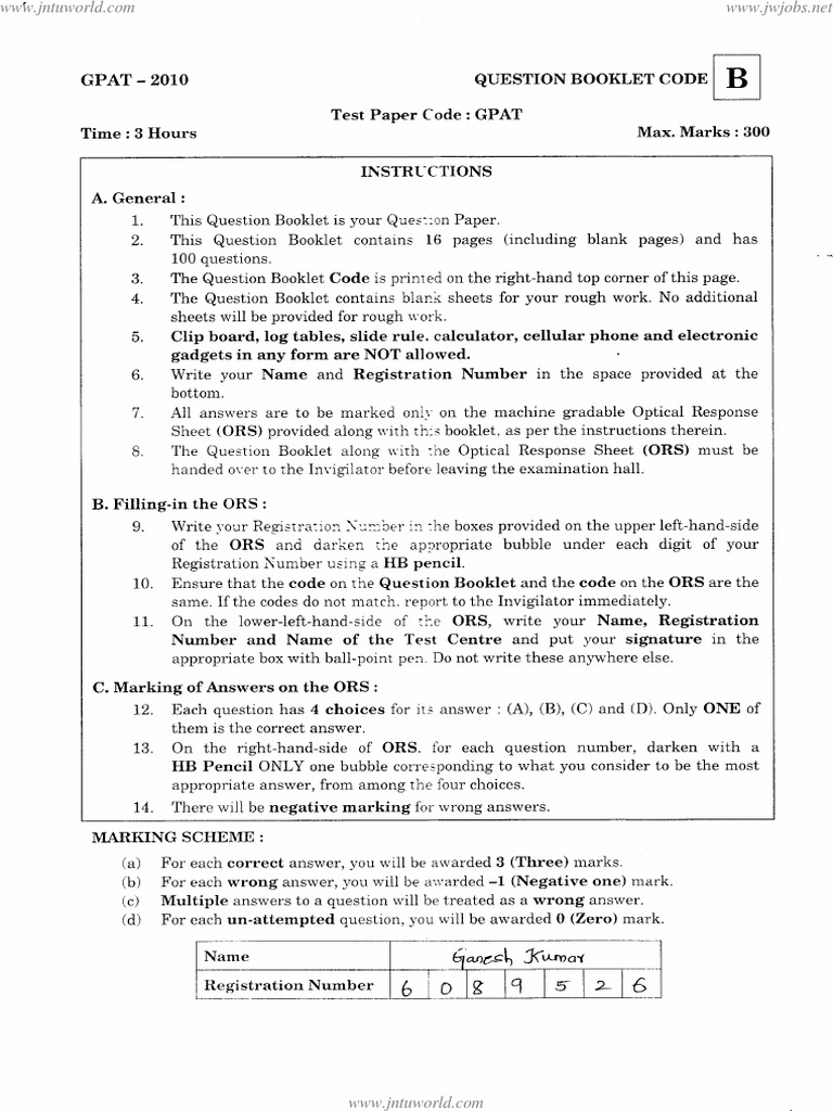 Gpat - 2O1O: Questton Booklet Code Test Paper Code: GPAT | PDF | Carbon ...
