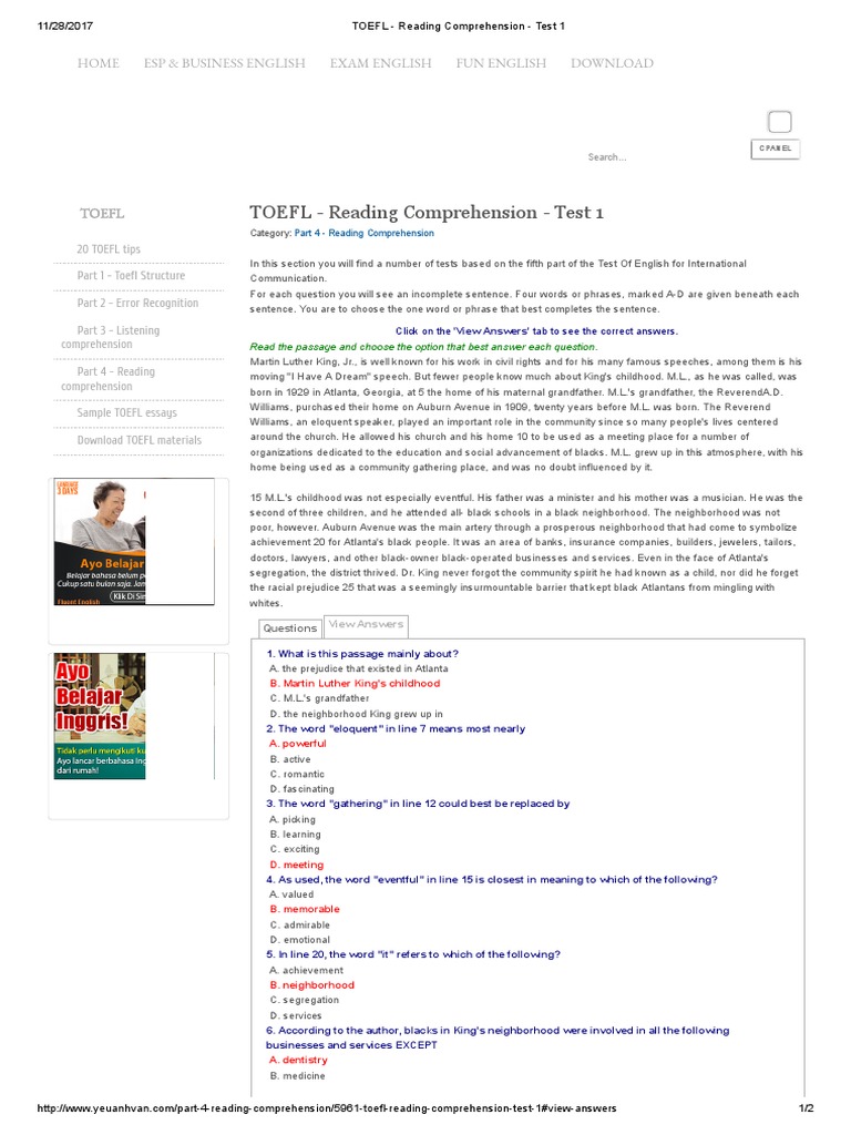 TOEFL - Reading Comprehension - Test 1 | PDF | Test Of English As A ...
