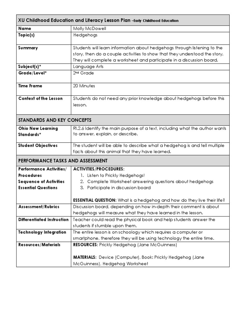 Hedgehog Lesson Plan | PDF