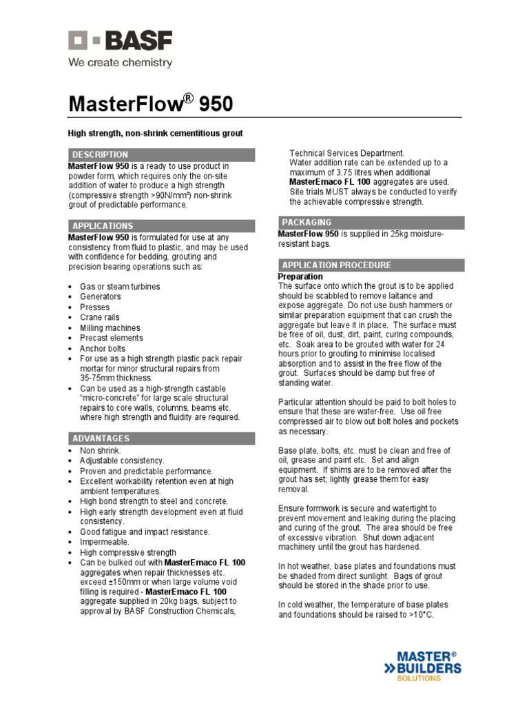 Basf Masterflow 950 Tds | PDF | Concrete | Water