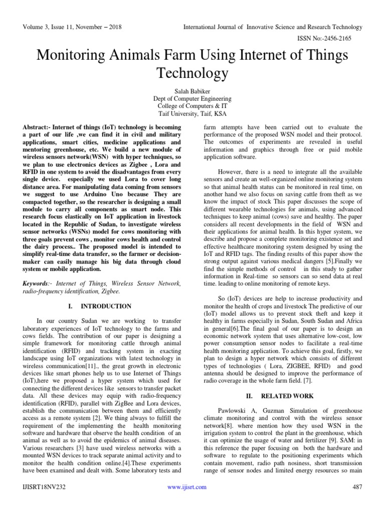 Monitoring Animals Farm Using Internet of Things Technology | PDF ...