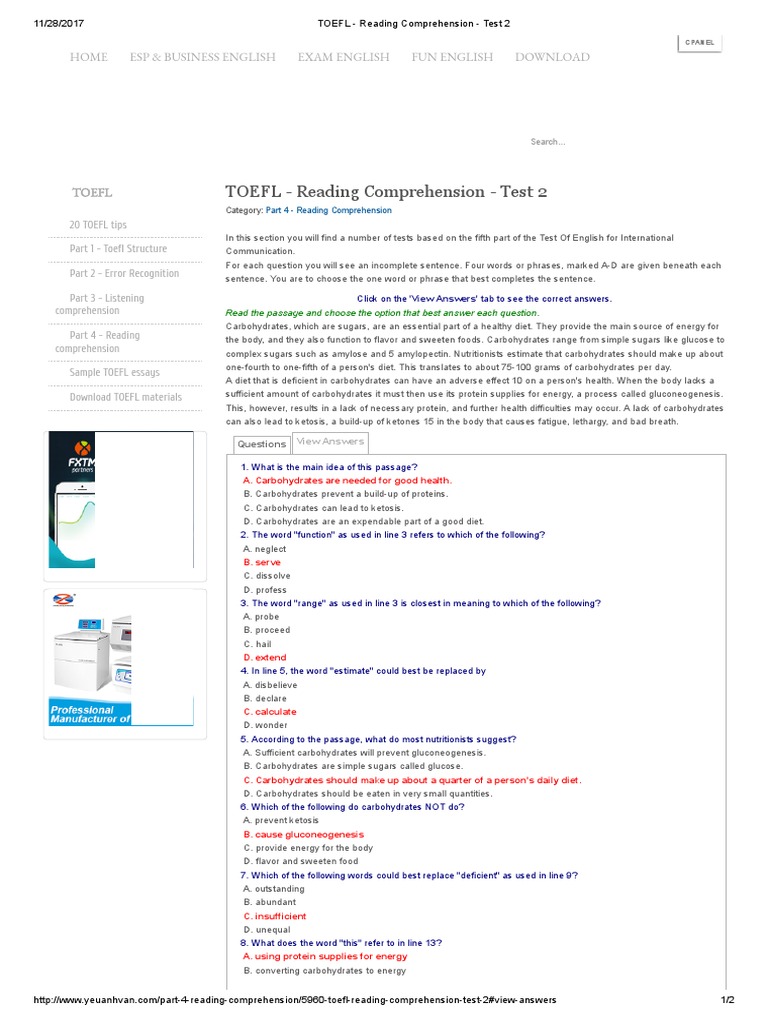 TOEFL - Reading Comprehension - Test 2 | PDF | Ketosis | Carbohydrates