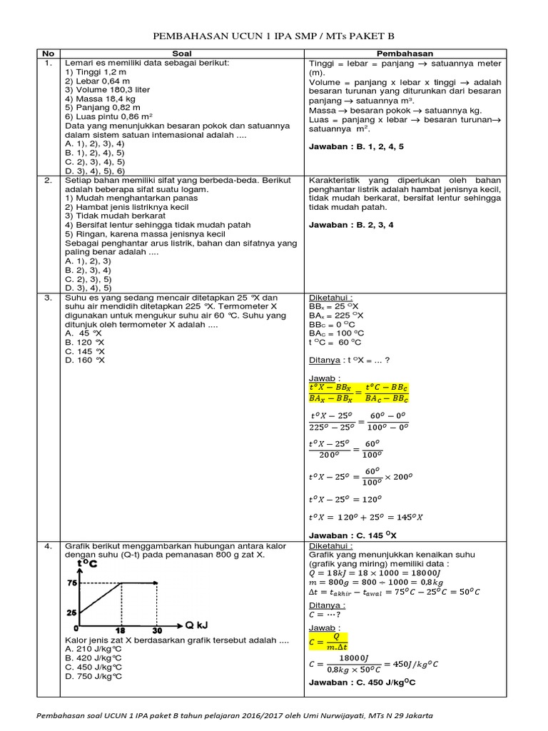 Pembahasan UCUN I IPA SMP Paket B Tahun 2017 PDF | PDF