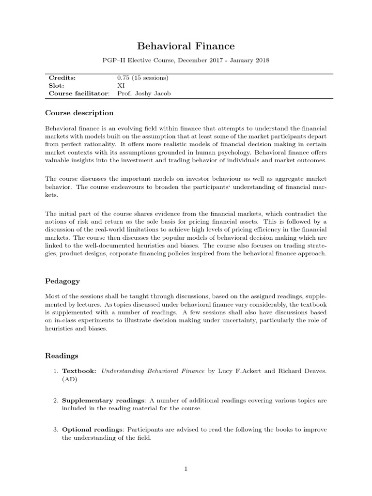 Behavioral Finance: Course Description | PDF | Behavioral Economics ...
