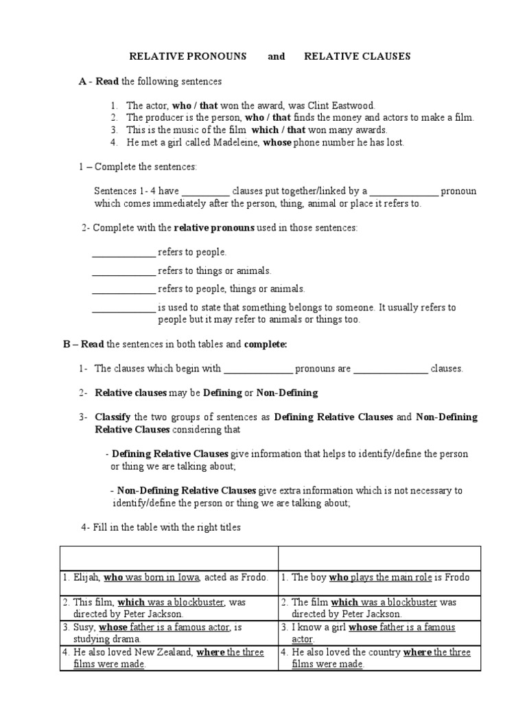 Defining Relative Clauses 9º Ano | PDF | Sentence (Linguistics ...