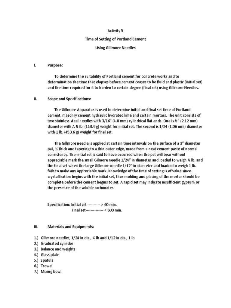 Time of Setting of Portland Cement Using Gillmore Needles | PDF ...
