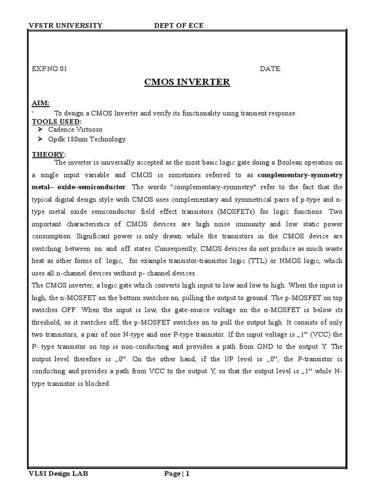 Design and Transient Analysis of a CMOS Inverter using Cadence Virtuoso ...