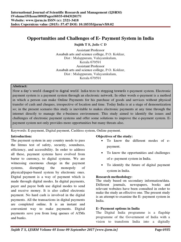 Opportunities and Challenges of E - Payment System in India | PDF ...