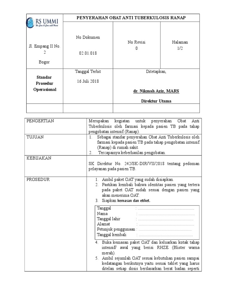 Sop Penyerahan Obat Anti Tuberkulosis Ranap | PDF