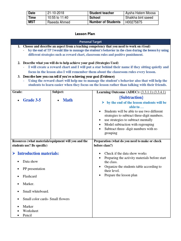 Lesson Plan Subtraction | PDF | Subtraction | Lesson Plan