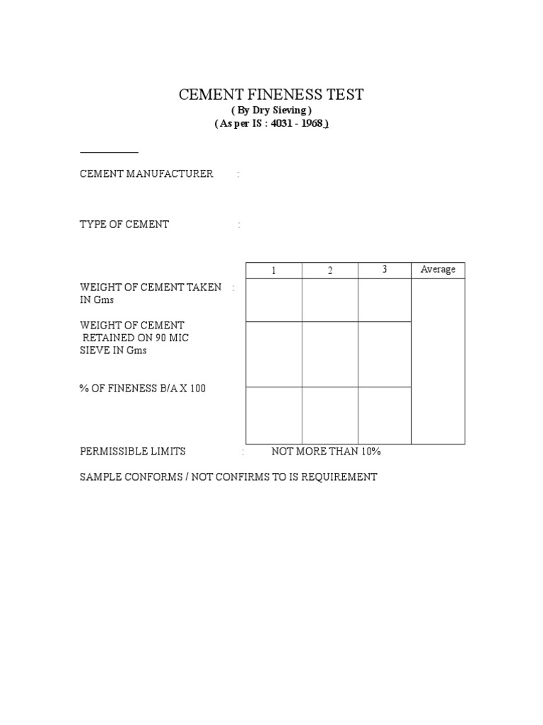 Cement Fineness Test: (By Dry Sieving) (As Per IS: 4031 - 1968) | PDF ...