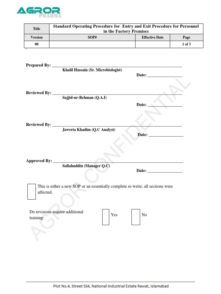 SOP For Entry and Exit Procedure For Personnel in The Factory Premises ...