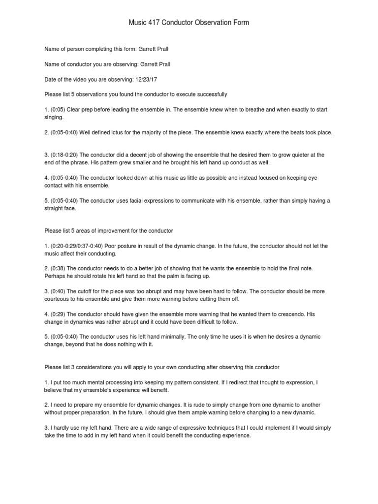Music 417 Conductor Observation Form 1 | PDF | Conducting | Cognition