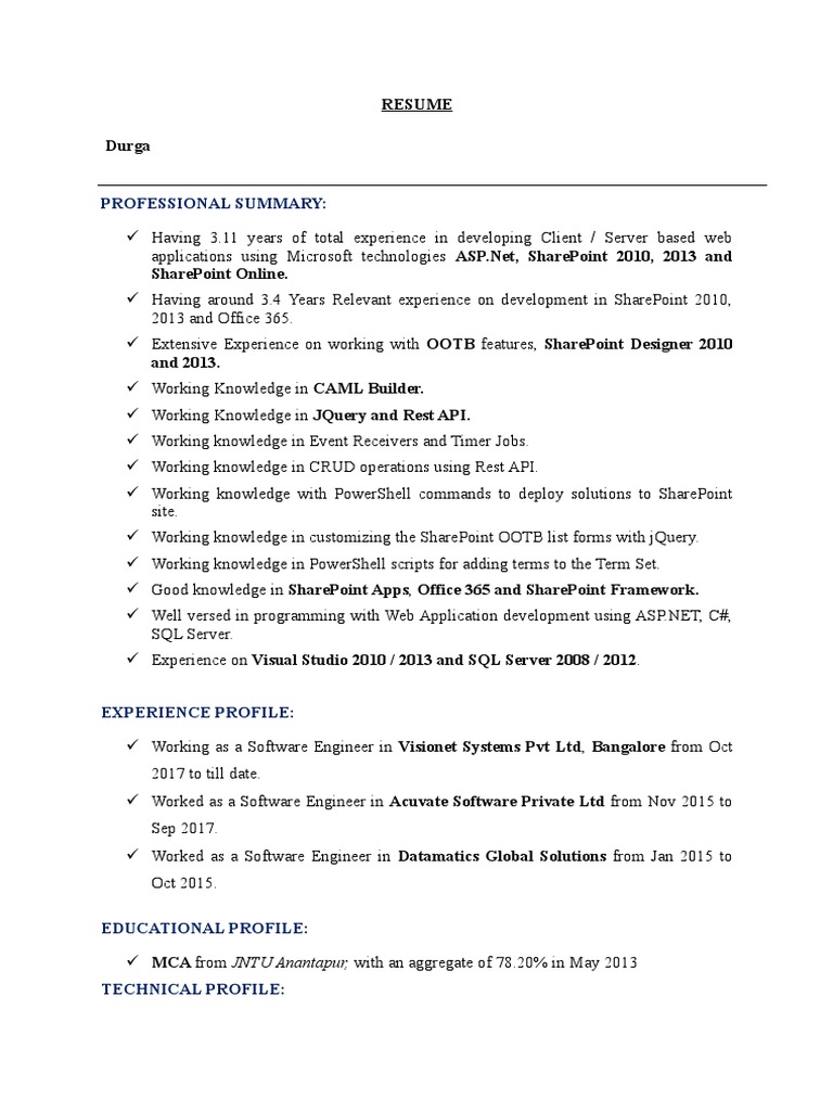 Professional Summary:: Resume Durga | PDF | Share Point | Microsoft Visual Studio