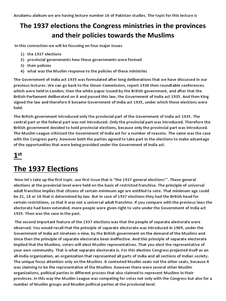 An Analysis of the 1937 Provincial Elections in British India and the ...