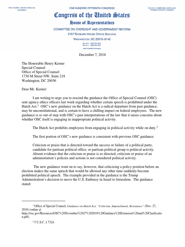 2018-12-07 Cummings Letter To OSC | PDF | Executive Branch Of The ...