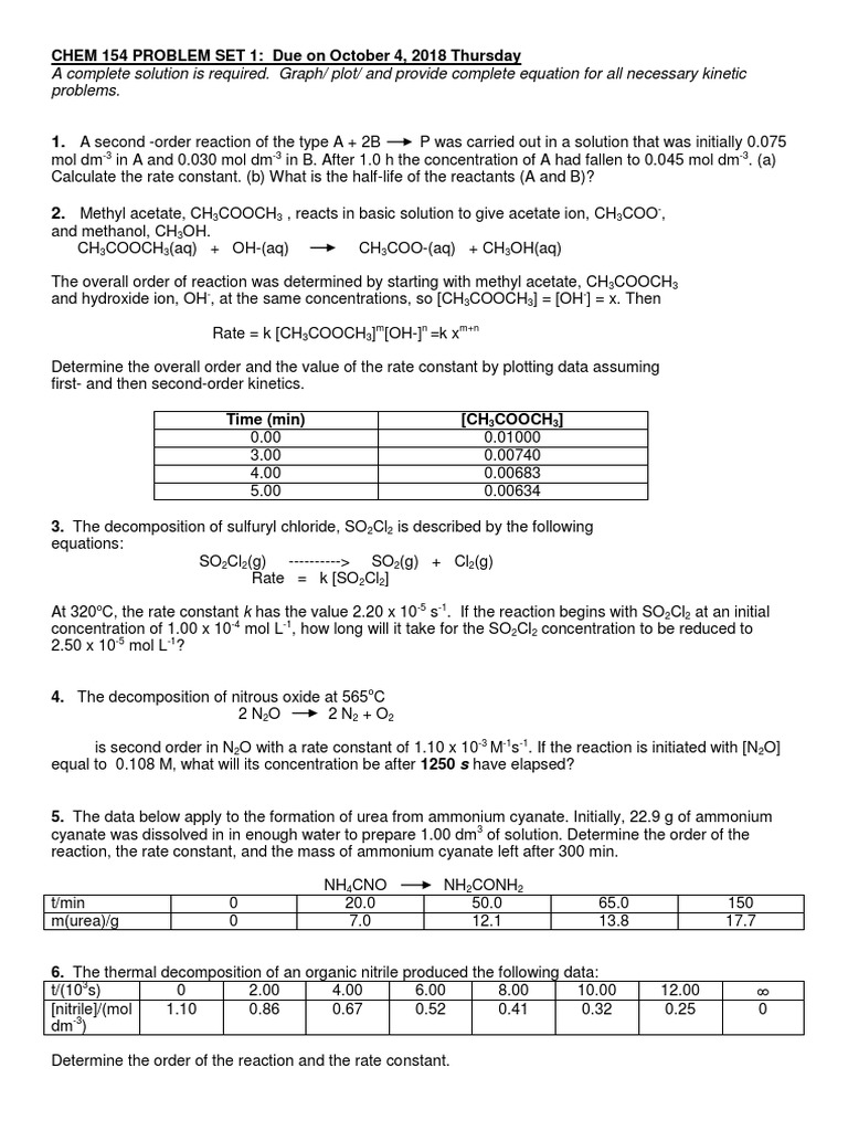 Chemistry Kinetics Problem Set | PDF | Chemical Reactions | Chemistry