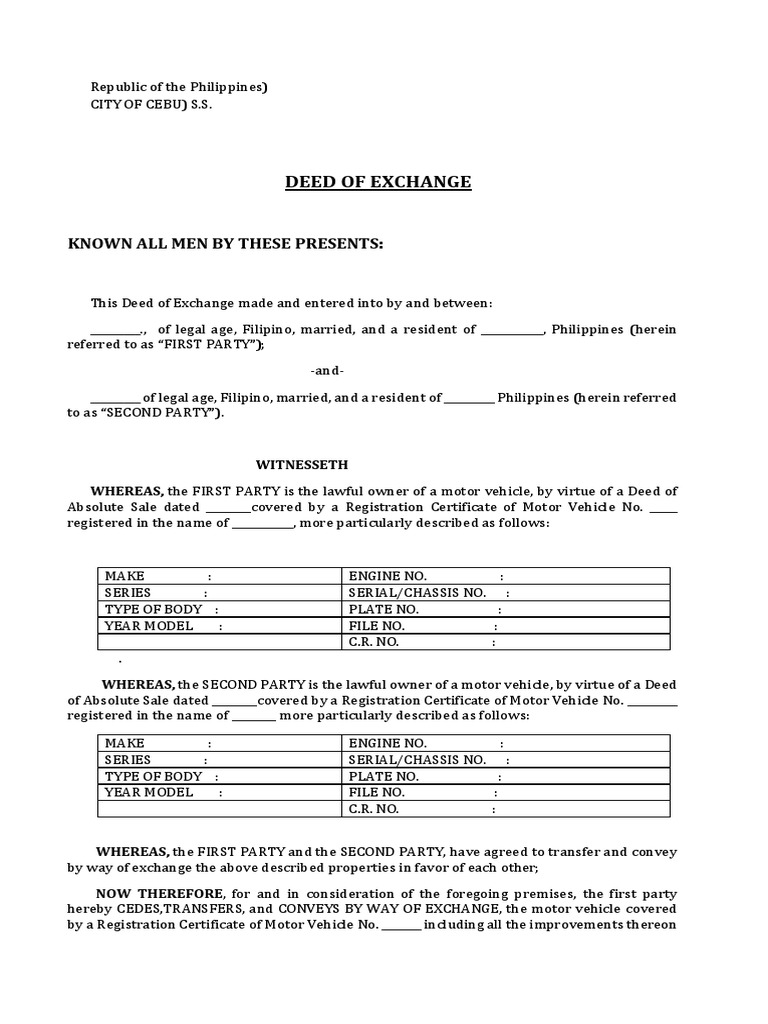 Deed of Exchange - Lay Out | PDF | Deed | Philippines