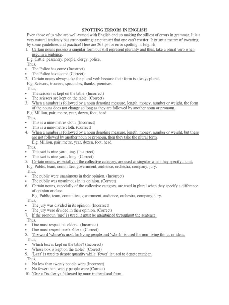 Spotting Errors in English | PDF | Grammatical Number | Grammatical Gender