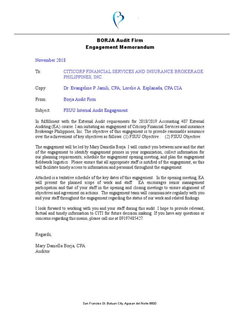 Engagement Letter GCV Audit Firm | PDF | Citigroup | Internal Audit