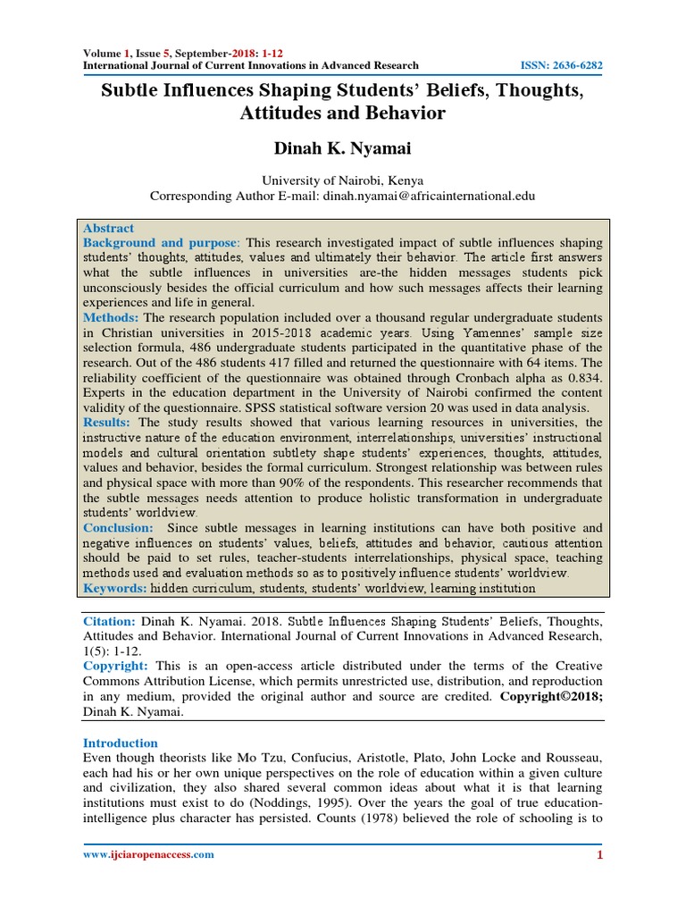 Subtle Influences Shaping Students' Beliefs, Thoughts, Attitudes and ...