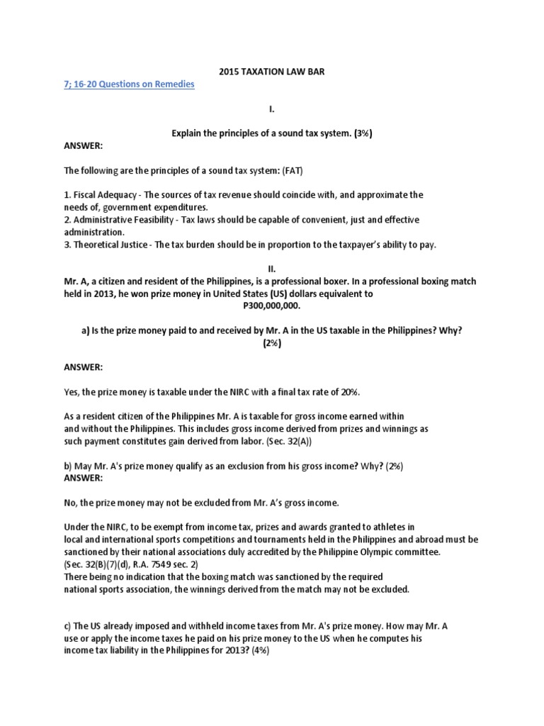 2015 Tax Law Bar Exam Review | PDF | Income Tax | Income Tax In The ...