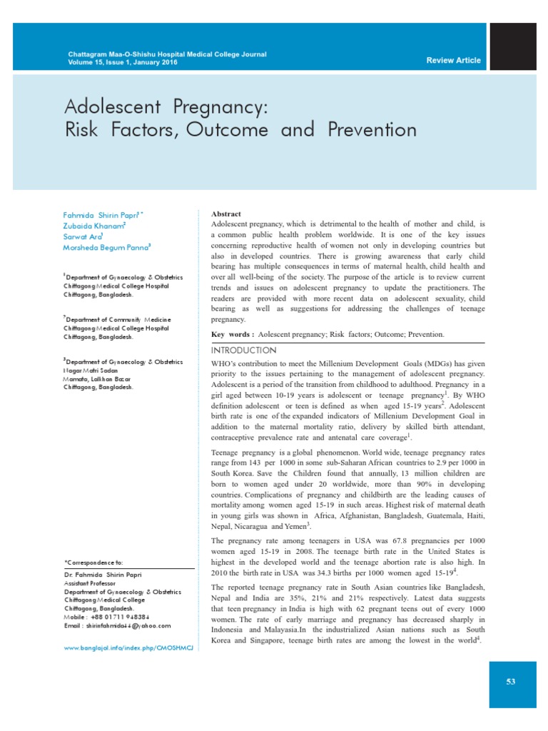Adolescent Pregnancy - Risk Factors, Outcome and Prevention | PDF ...